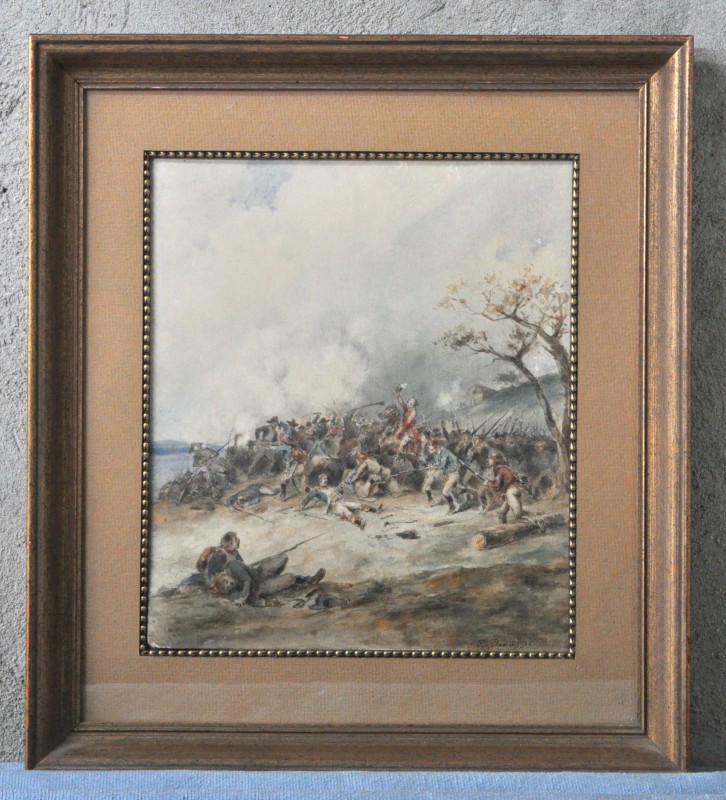 “Veldslag”. Aquarel op papier. Gesigneerd. XIXe eeuw. – Jordaens N.V ...