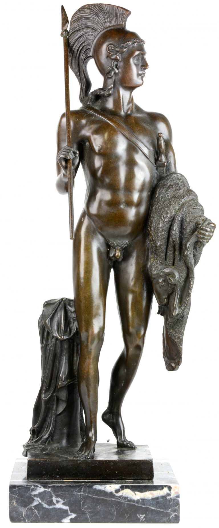 “Naakt Romeins krijger”. Een beeld van donkergepatineerd brons op zwart ...