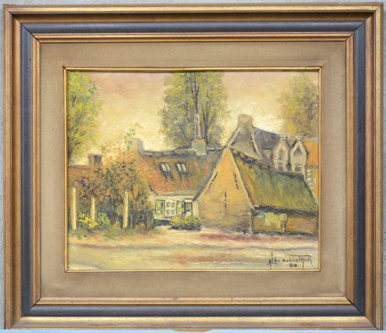 “Dorpszicht”. Olieverf op doek. Gesigneerd en gedateerd ‘80. – Jordaens N.V. Veilinghuis