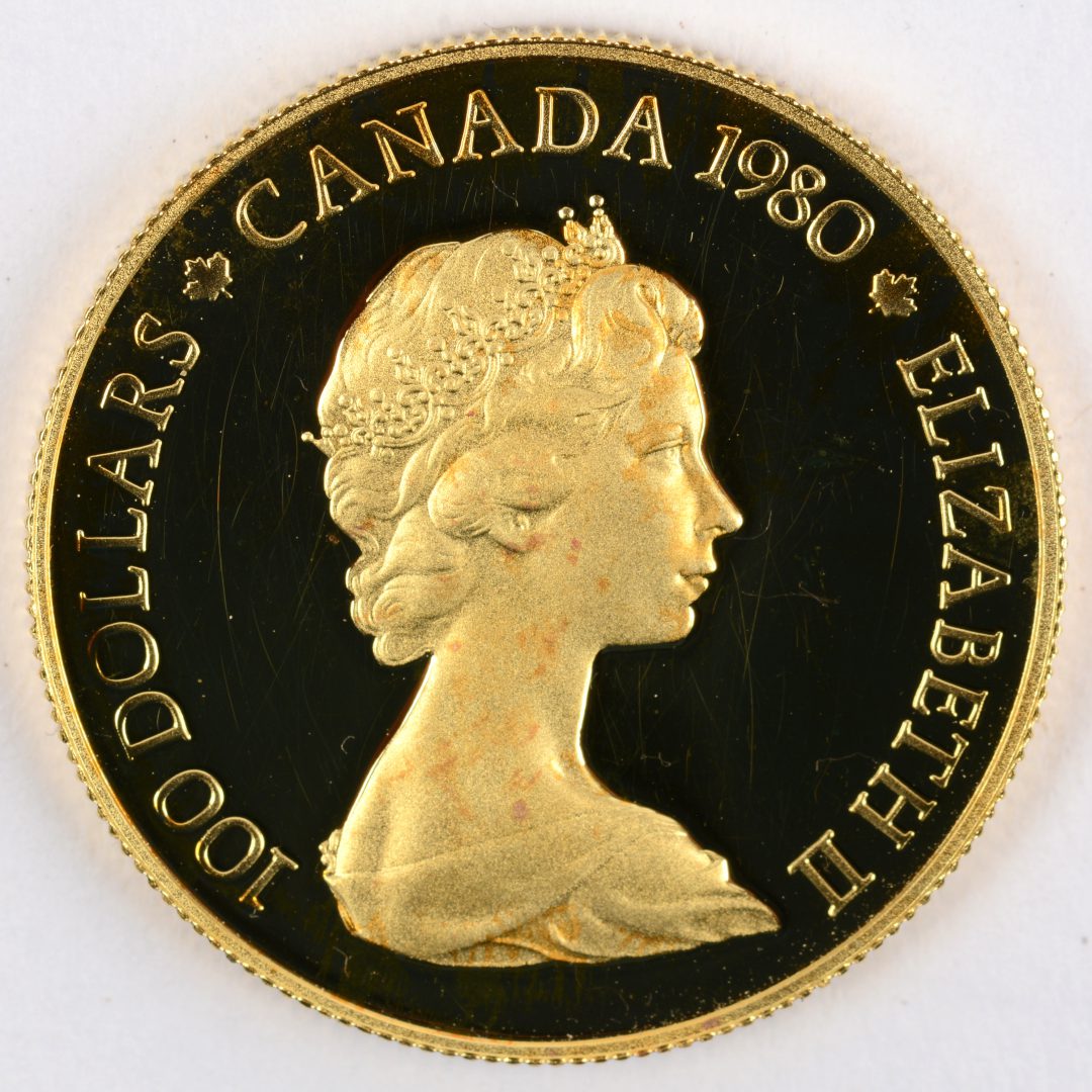 1 gouden munt van 100 CAD. Au 22 K. Canada, 1980. Recto: Queen ...