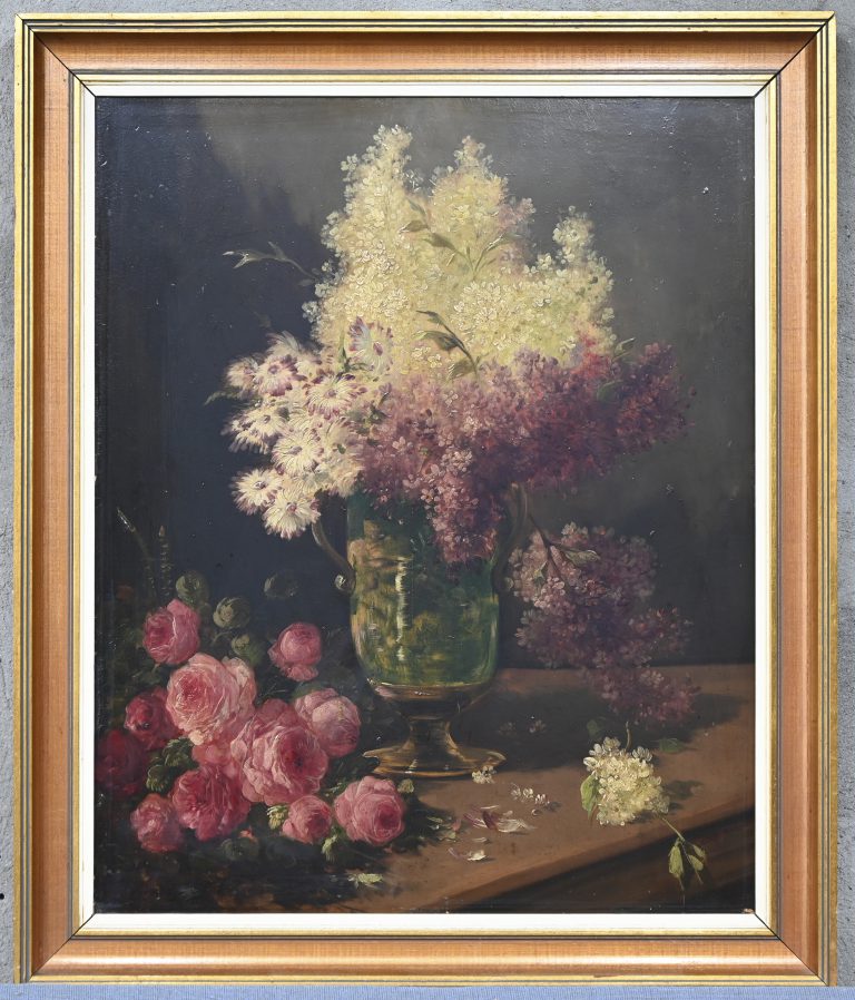 ‘Bloemenvaas’, olieverf op paneel. Getekend J. Binand. – Jordaens N.V ...